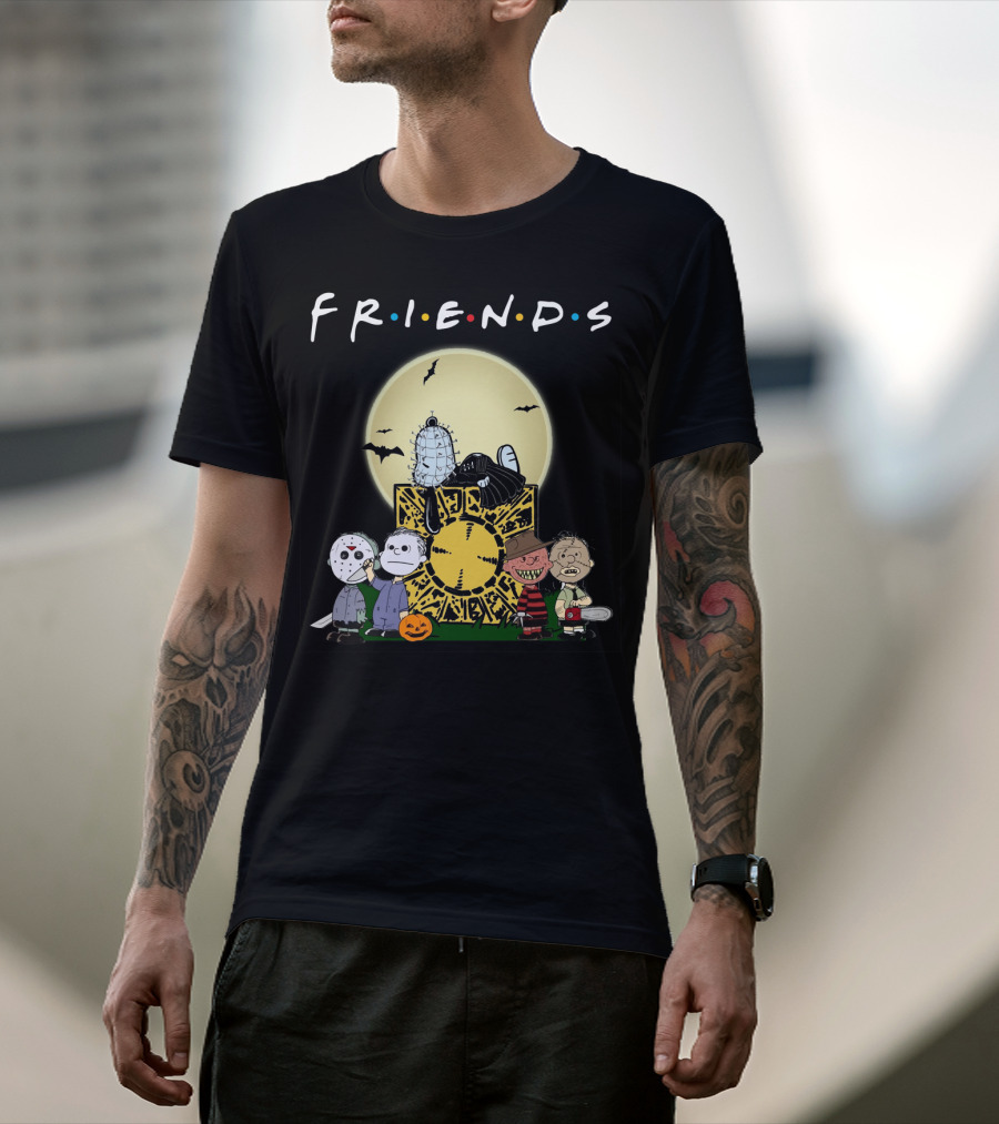 Friends Peanuts Horror Movie Characters Crossover Featuring Iconic Monsters And Symbols T-Shirt