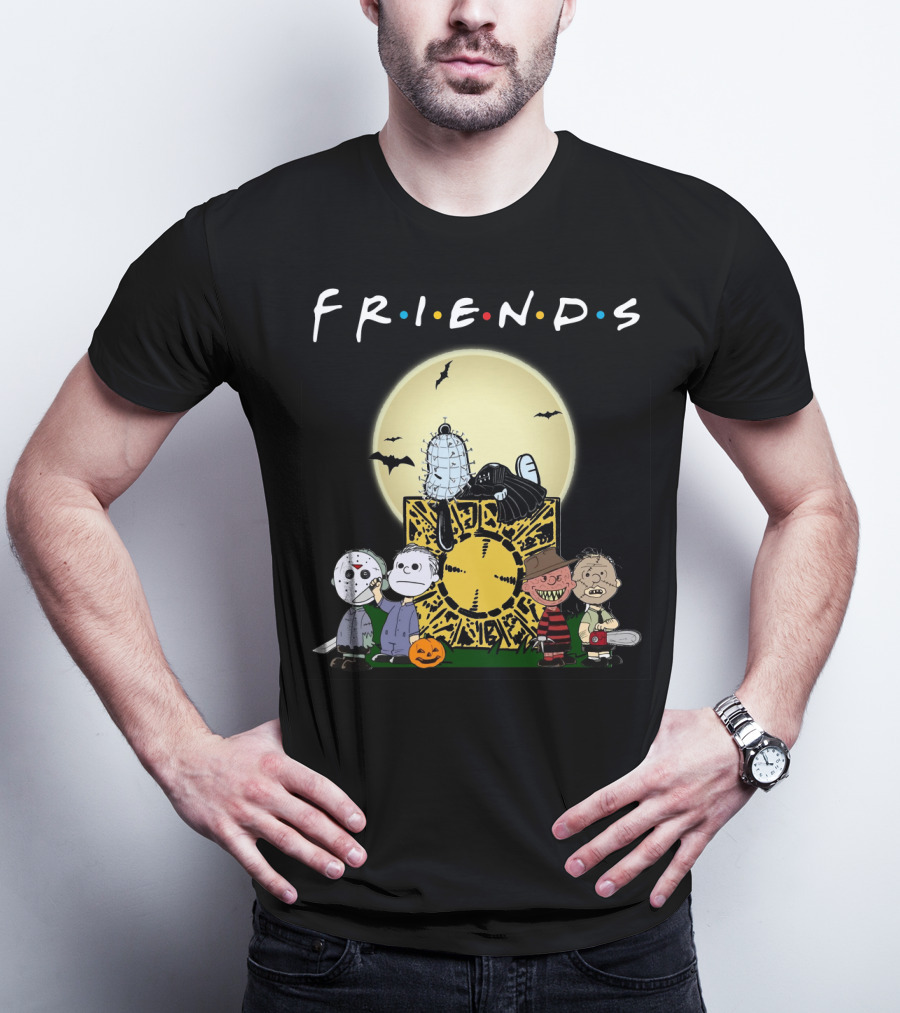 Friends Peanuts Horror Movie Characters Crossover Featuring Iconic Monsters And Symbols T-Shirt