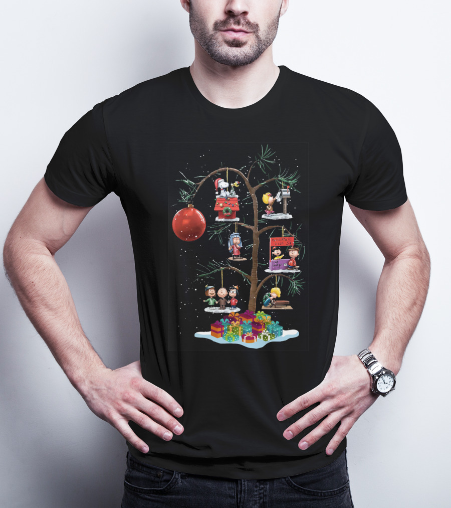 Peanuts Christmas Tree With Snoopy Lucy Charlie Brown And Woodstock Ornaments T-Shirt