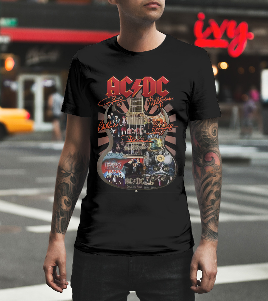 Ac Dc Rock Or Bust Collage Guitar With Autographs And Album Covers T-Shirt