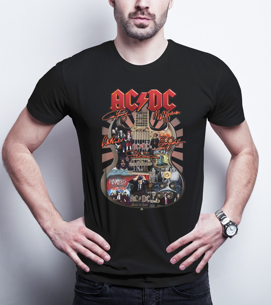 Ac Dc Rock Or Bust Collage Guitar With Autographs And Album Covers T-Shirt