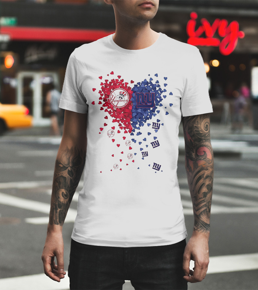 New York Yankees Giants Heart Shaped Logos With Red And Blue Hearts T-Shirt
