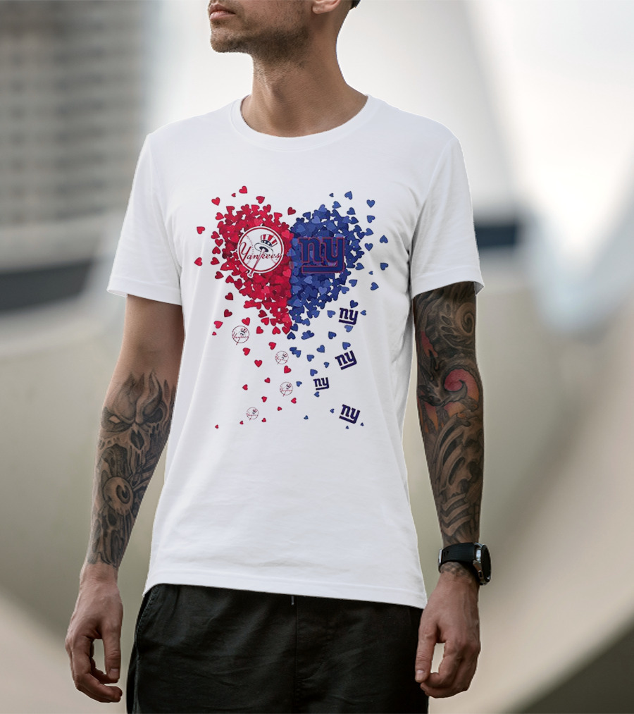 New York Yankees Giants Heart Shaped Logos With Red And Blue Hearts T-Shirt