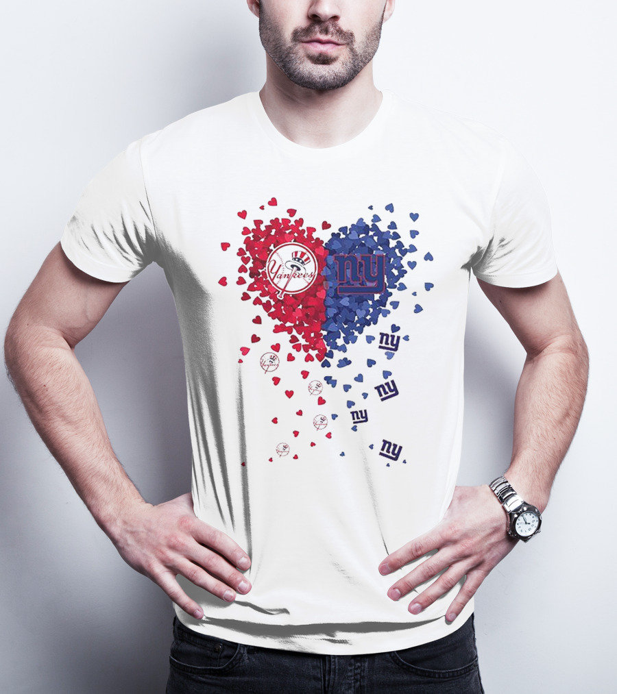 New York Yankees Giants Heart Shaped Logos With Red And Blue Hearts T-Shirt