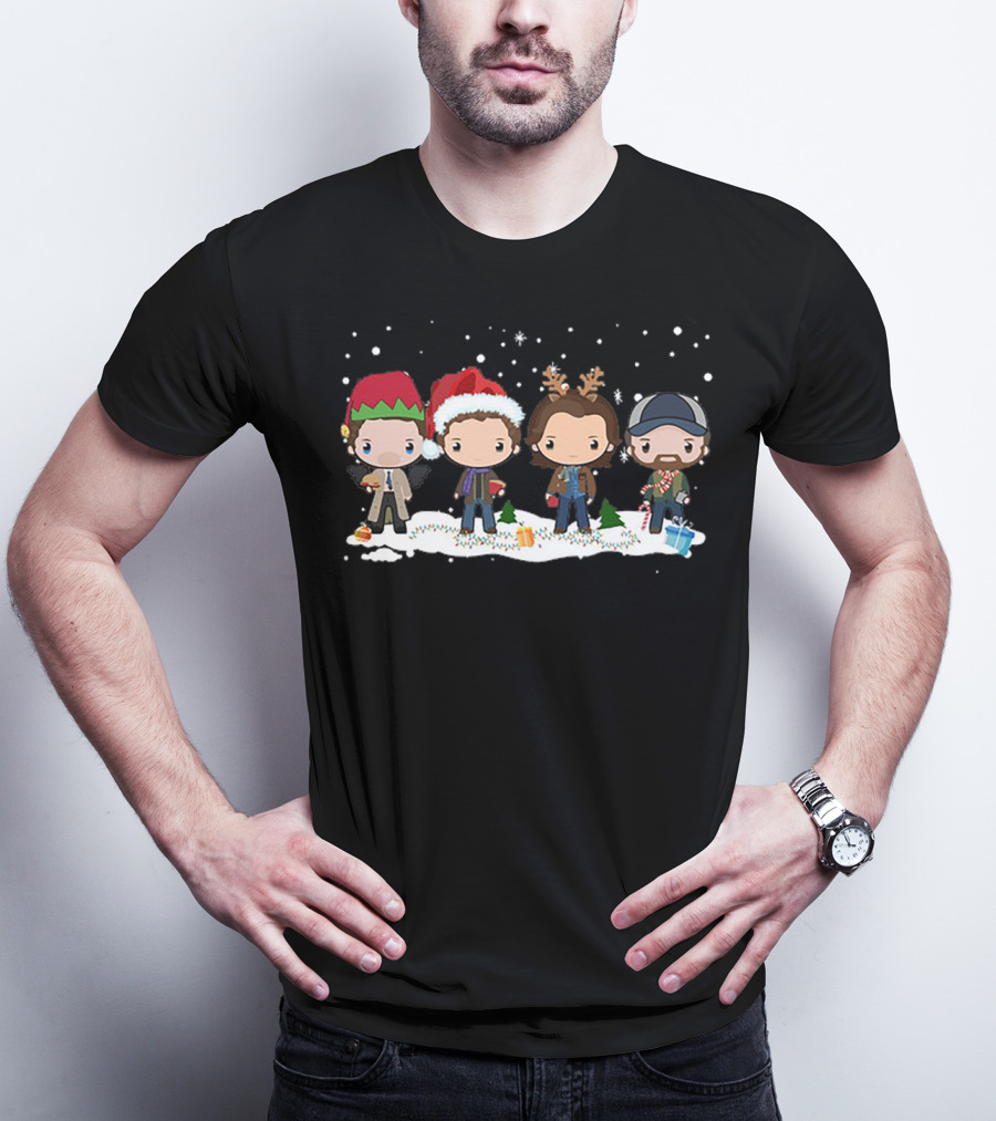 Supernatural Holiday Chibi Characters With Christmas Hats And Snow Scene T-Shirt