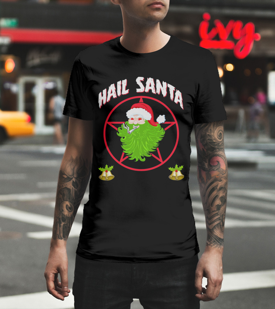 Hail Santa Pentagram Smoking Holly Bells T-Shirt