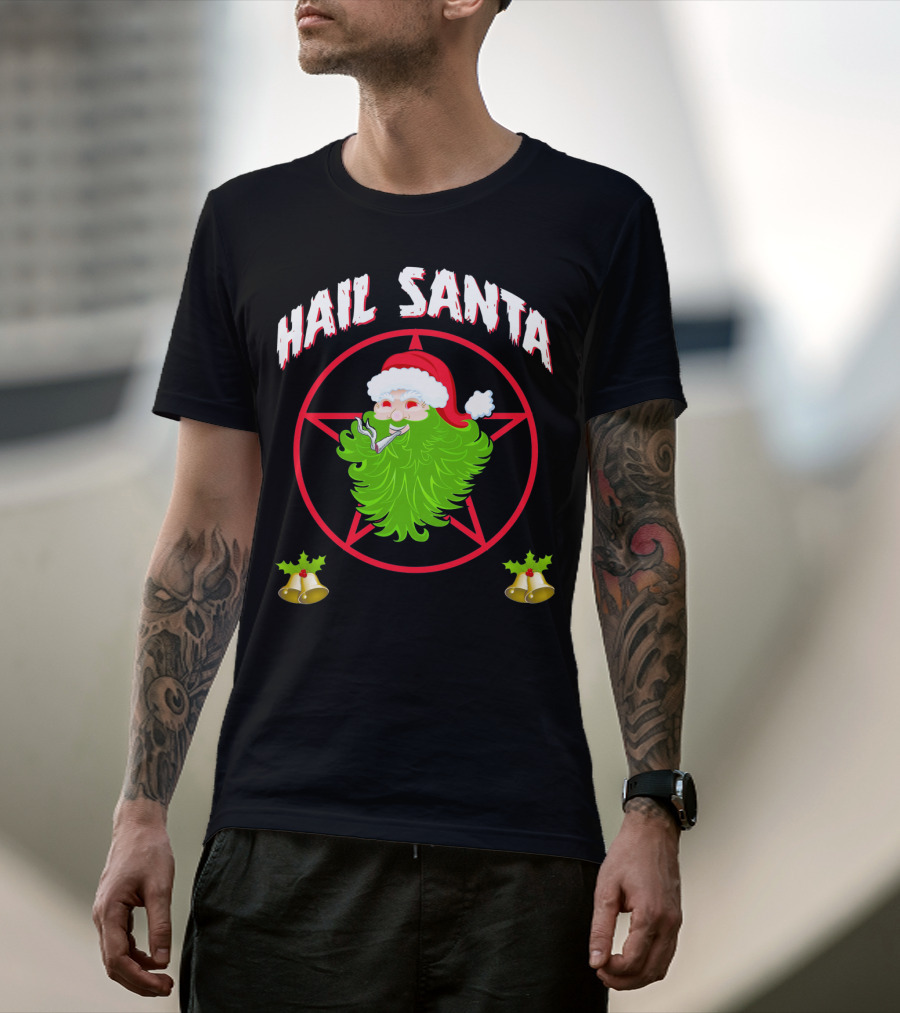 Hail Santa Pentagram Smoking Holly Bells T-Shirt