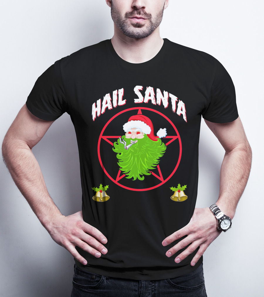 Hail Santa Pentagram Smoking Holly Bells T-Shirt