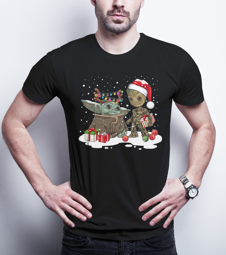 Baby Groot And Baby Yoda Christmas Santa Hat Gift Exchange T-Shirt
