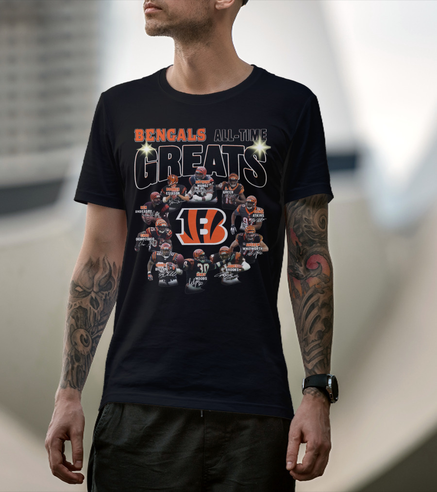 Bengals All-Time Greats Boomer Esiason Anthony Munoz A.j. Green Ken Anderson Chad Ochocinco Geno Atkins Corey Dillon Andrew Whitworth Ickey Woods James Brooks T-Shirt