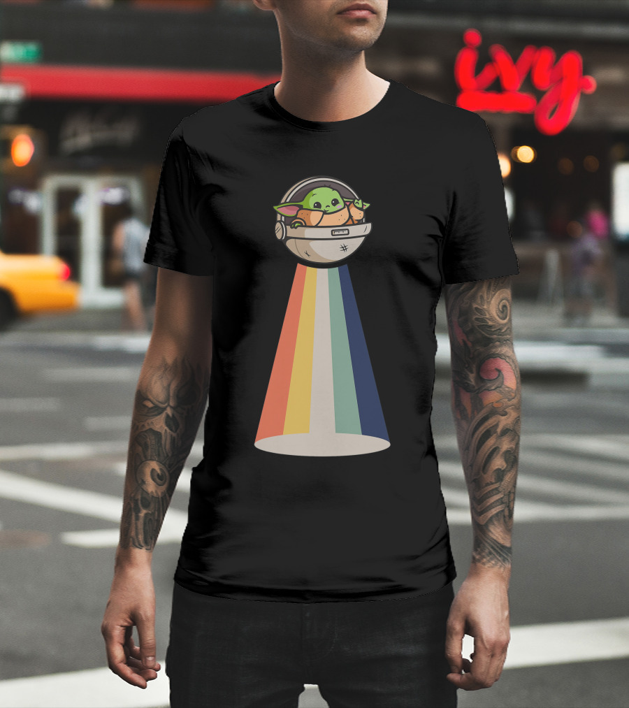 Baby Yoda Spaceship Rainbow Glow T-Shirt
