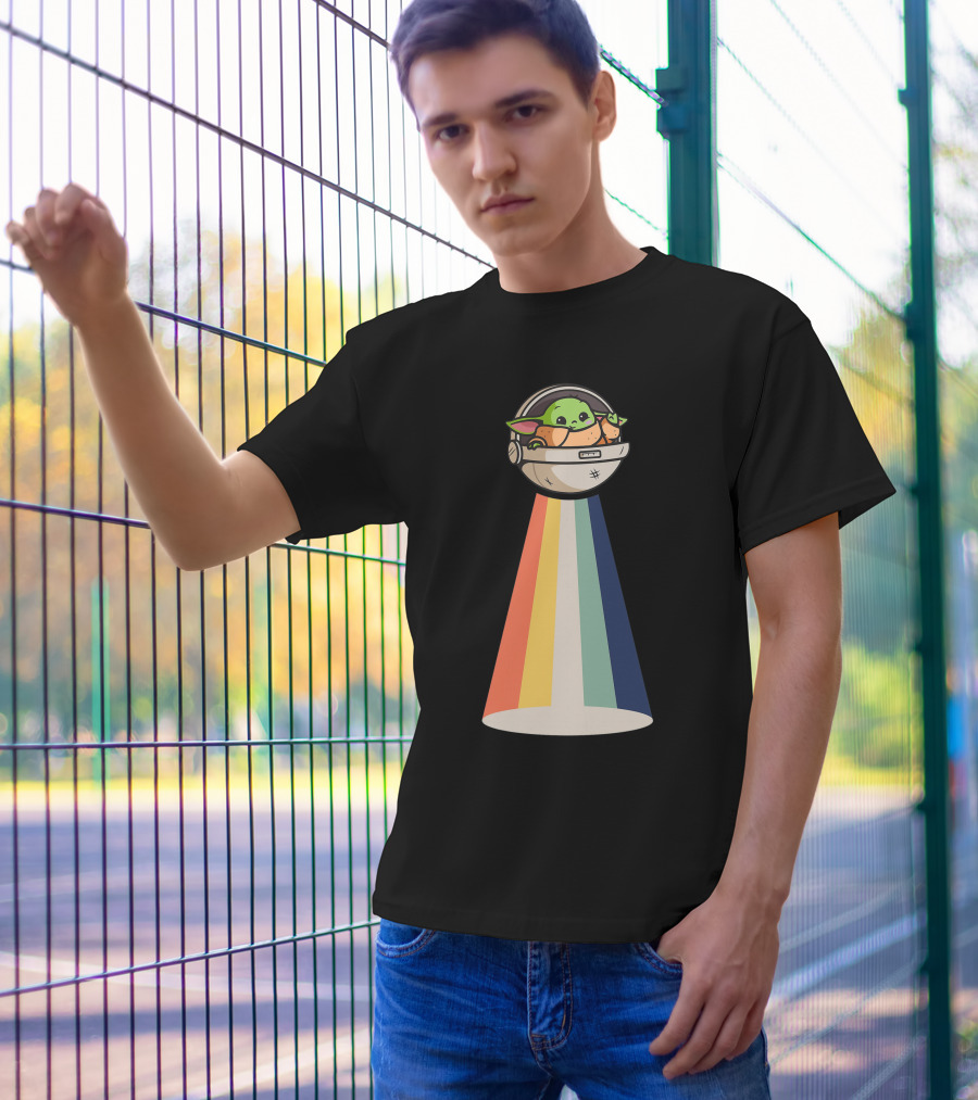 Baby Yoda Spaceship Rainbow Glow T-Shirt
