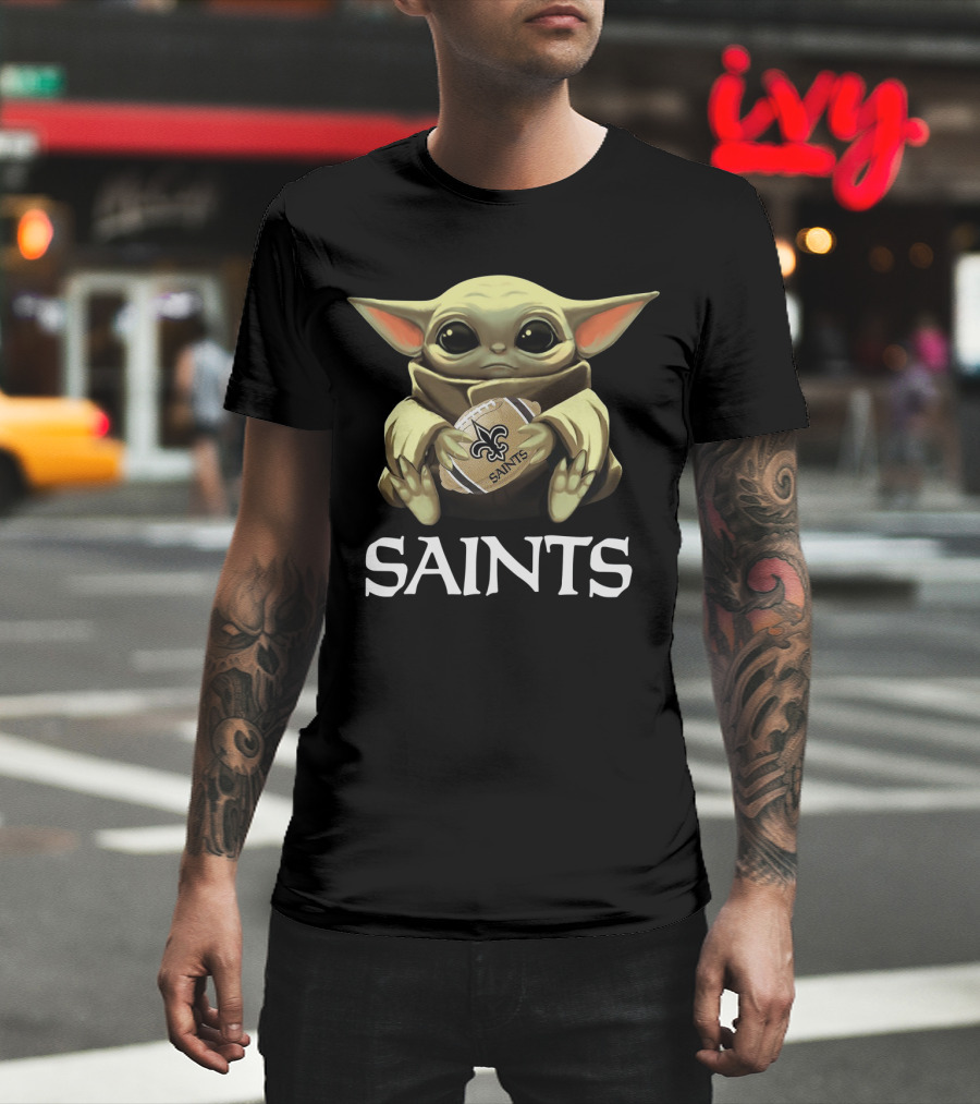 Baby Yoda Holding New Orleans Saints Football T-Shirt