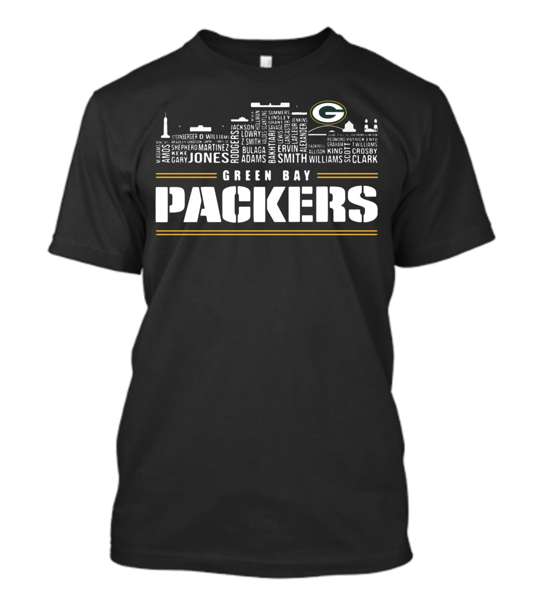 Green Bay Packers City Skyline Logo Jones Adams Clark T-Shirt