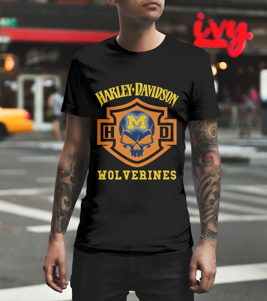 Harley Davidson Wolverines Hd Ncaa Football Skull M T-Shirt