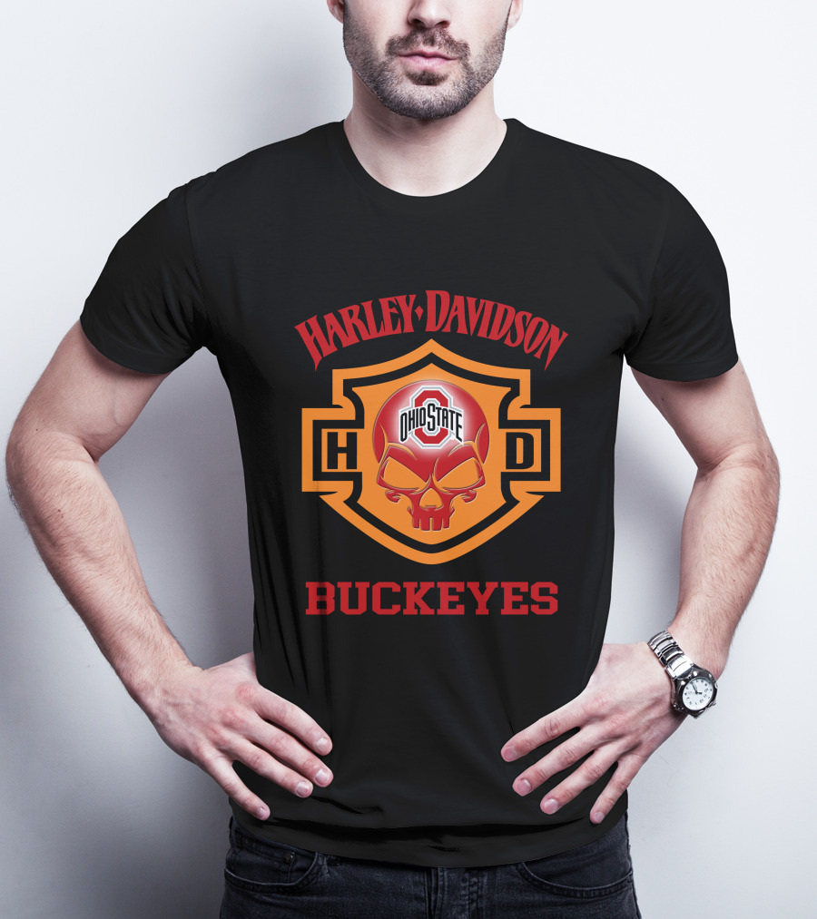 Ohio State Buckeyes Harley Davidson Fans Hd Skull T-Shirt