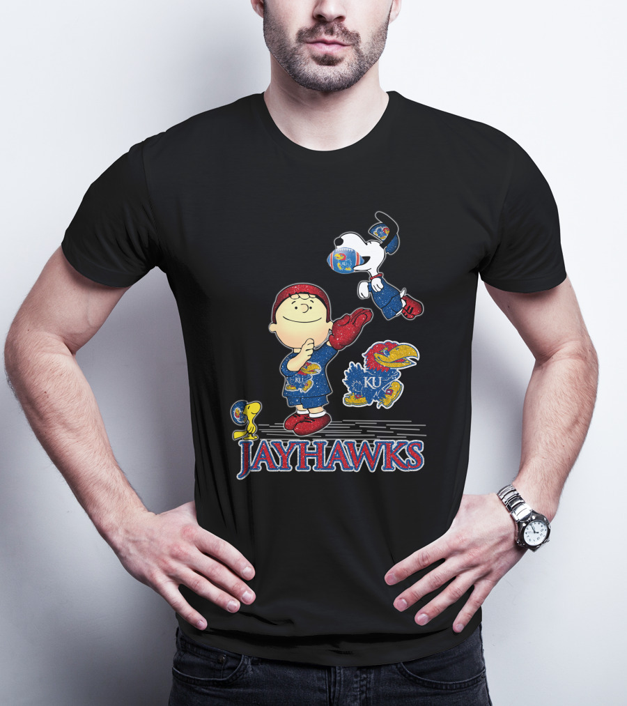 Snoopy Charlie Brown Woodstock Kansas Jayhawks KU Football T-Shirt