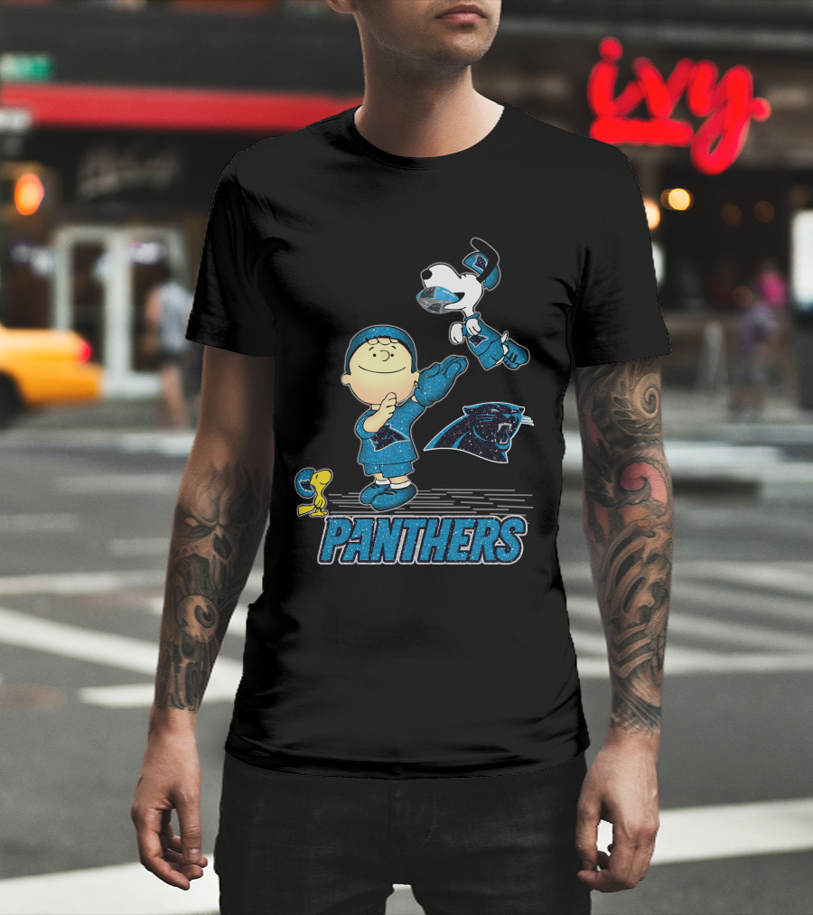 Snoopy And Woodstock Celebrate With Carolina Panthers Football Fun T-Shirt