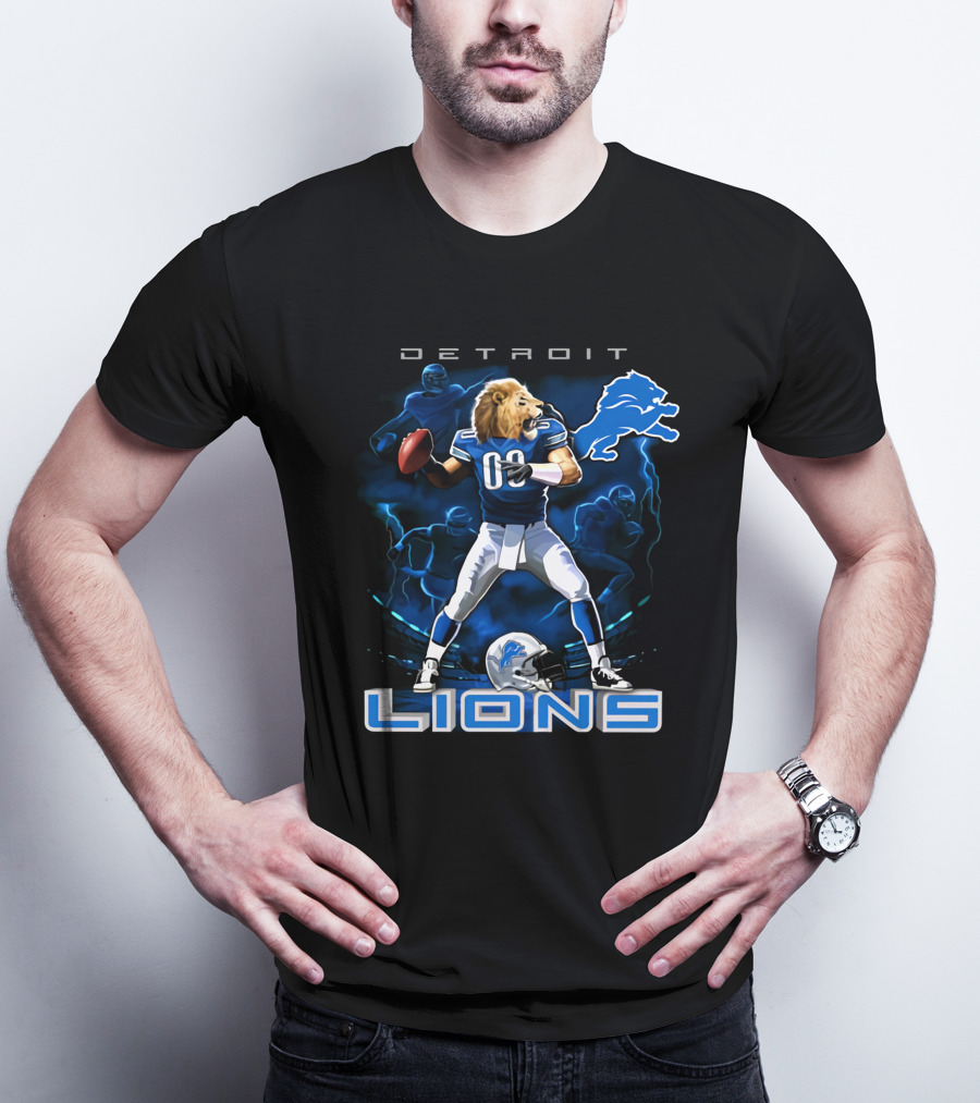 Detroit Lions Lion-Headed Quarterback Action Fantasy Scene T-Shirt