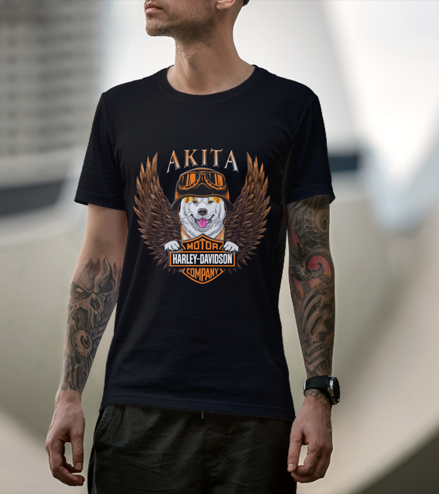 Akita Harley Davidson Motor Company Winged Dog Helmet T-Shirt