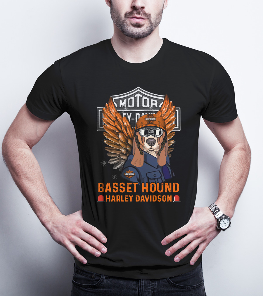 Basset Hound Harley Davidson Motorcycles Winged Helmet Riding Theme T-Shirt