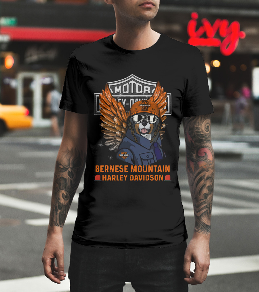 Bernese Mountain Harley Davidson Motorcycle Dog With Wings And Helmet T-Shirt