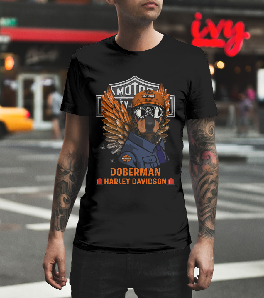 Doberman Harley Davidson Motor City Kutter Wings Helmet Goggles T-Shirt