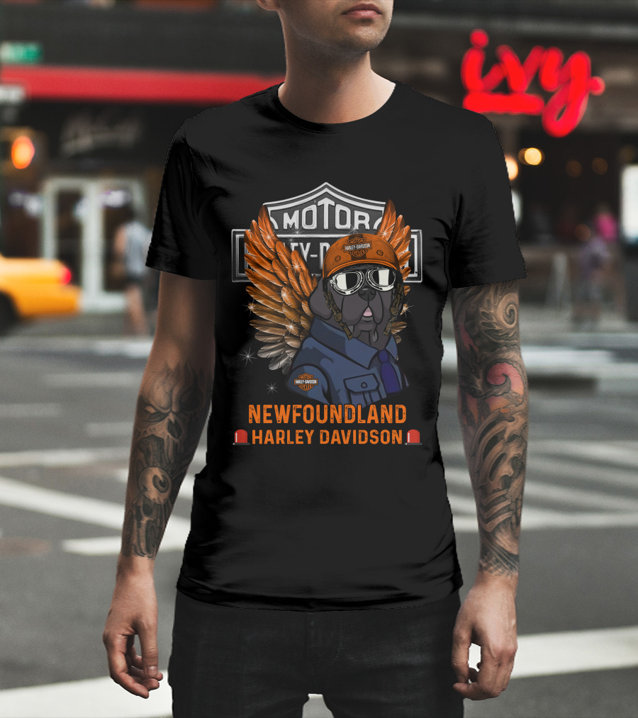 Newfoundland Harley Davidson Motor City Dog With Wings T-Shirt