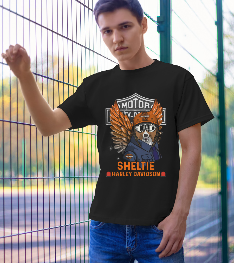 Harley Davidson Sheltie Motorcycle Dog With Wings T-Shirt