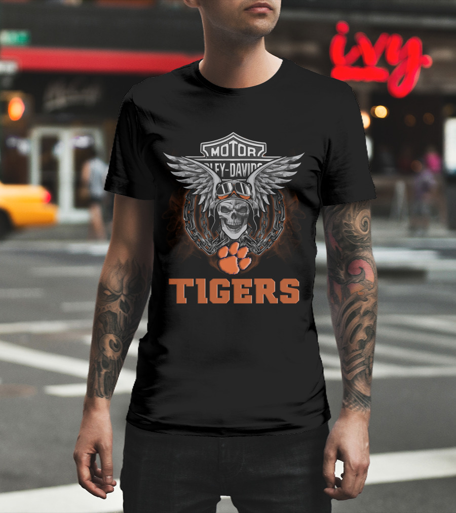 Tigers Hd Clemson Tigers Ncaa Football Fans Harley Davidson Skull Wings Chain T-Shirt