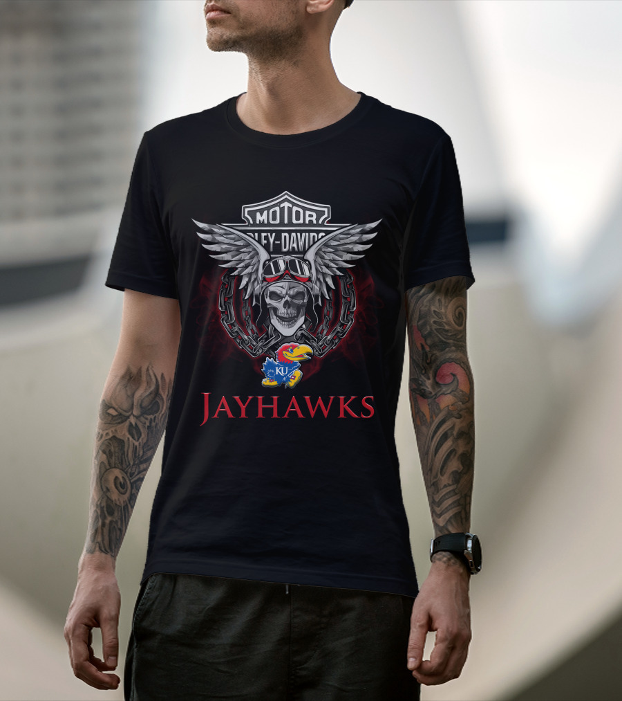 Motor Harley Davidson Skull With Wings Jayhawks Ku Kansas Football Fans T-Shirt