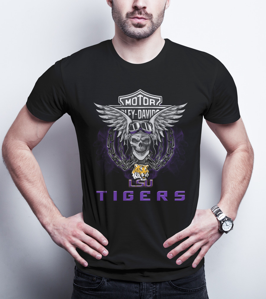 Lsu Tigers Harley Davidson Skull Wings Ncaa Football Fans T-Shirt
