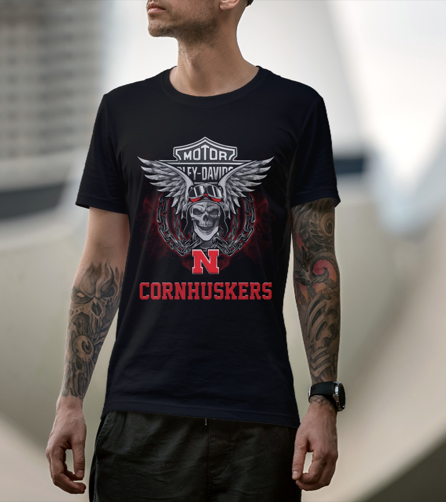Motor Harley Davidson Skull Wings Nebraska Cornhuskers Football Fans T-Shirt