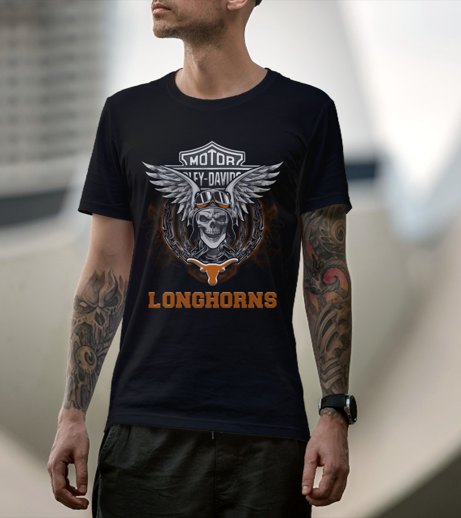Texas Longhorns Harley Davidson Football Fans Motorcycle Skull Wings T-Shirt
