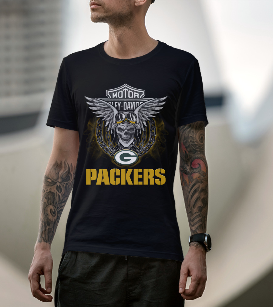 Motor Harley Davidson Green Bay Packers Wings Skull Nfl Football Fans T-Shirt