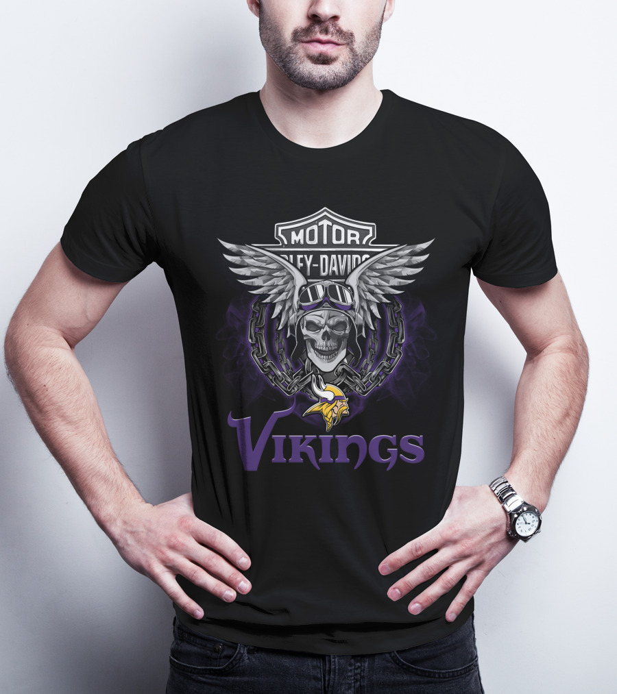 Vikings Harley Davidson Skull Wings Nfl Minnesota Football Fans T-Shirt