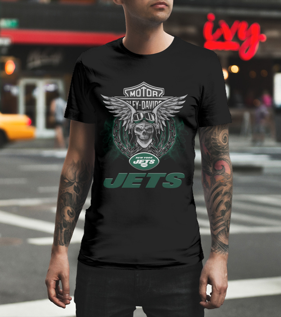 New York Jets Nfl Football Fans Harley Davidson Motor Wings Skull T-Shirt
