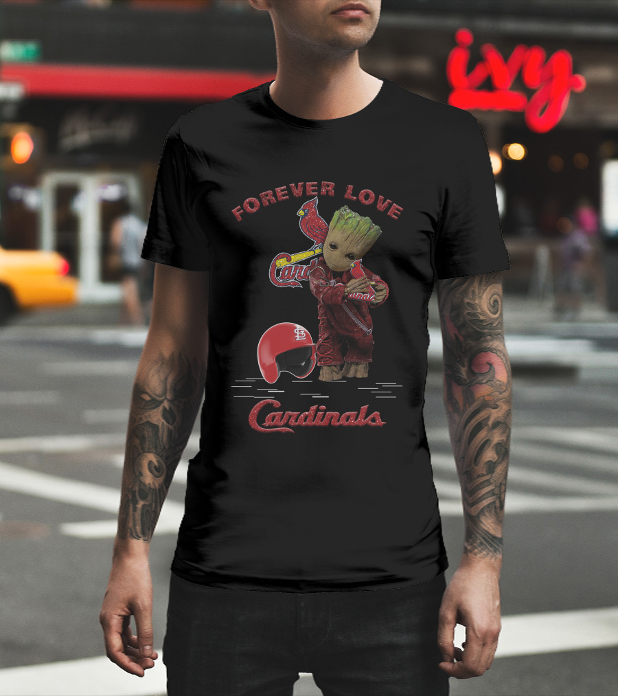 Forever Love St. Louis Cardinals With Groot Helmet Hug For MLB Fans T-Shirt