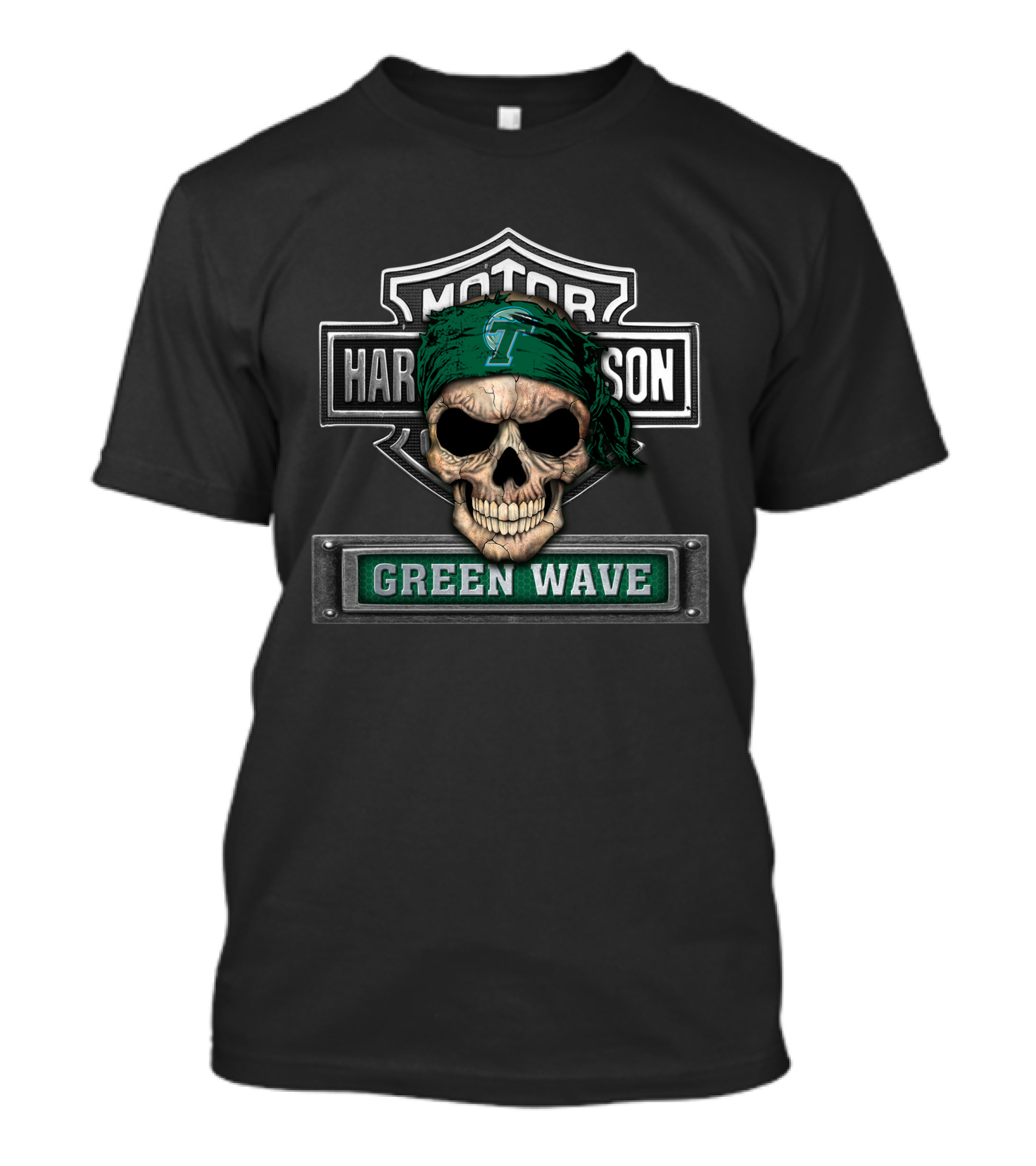 Tulane Green Wave Skull Bandana Motor Harley Davidson T-Shirt