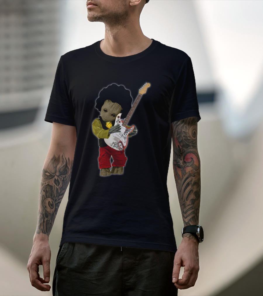 G Hug JH Guitar Groot Playing Electric Guitar With Rock Costume T-Shirt
