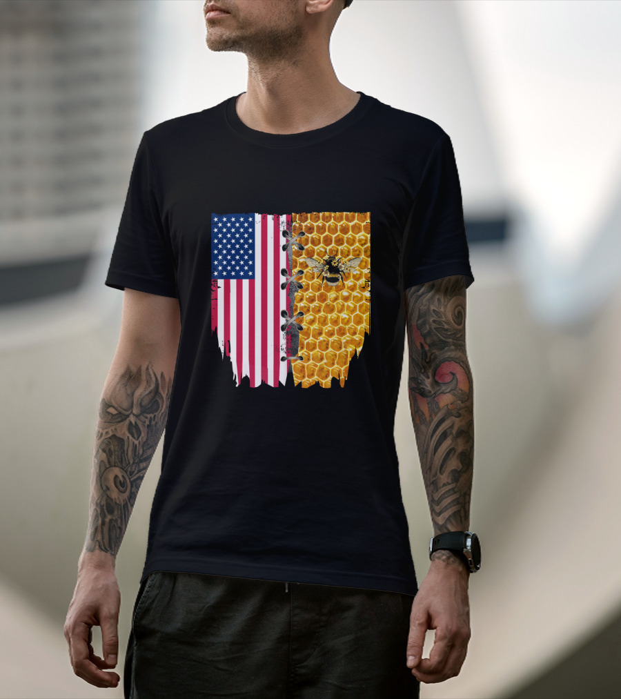 Bee And American Flag Honeycomb Fusion T-Shirt
