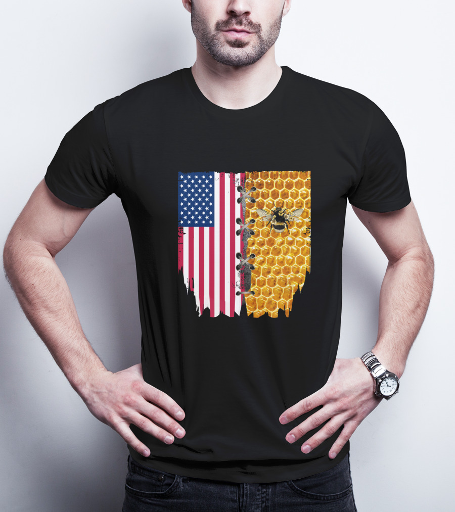 Bee And American Flag Honeycomb Fusion T-Shirt