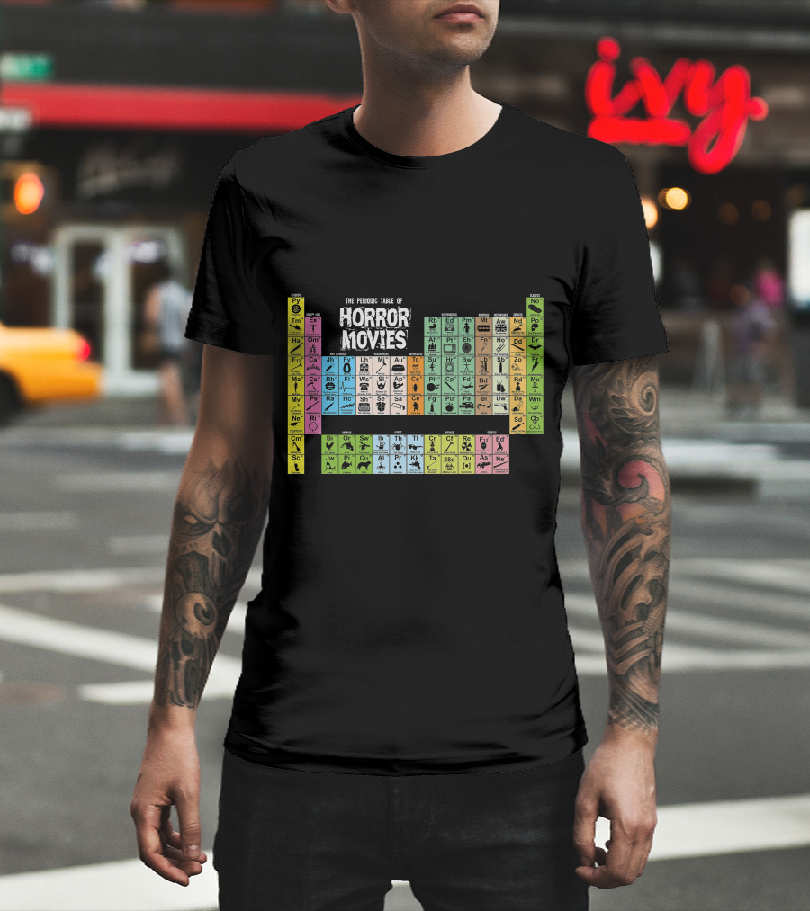 The Periodic Table Of Horror Movies Featuring Iconic Horror Movie Elements T-Shirt