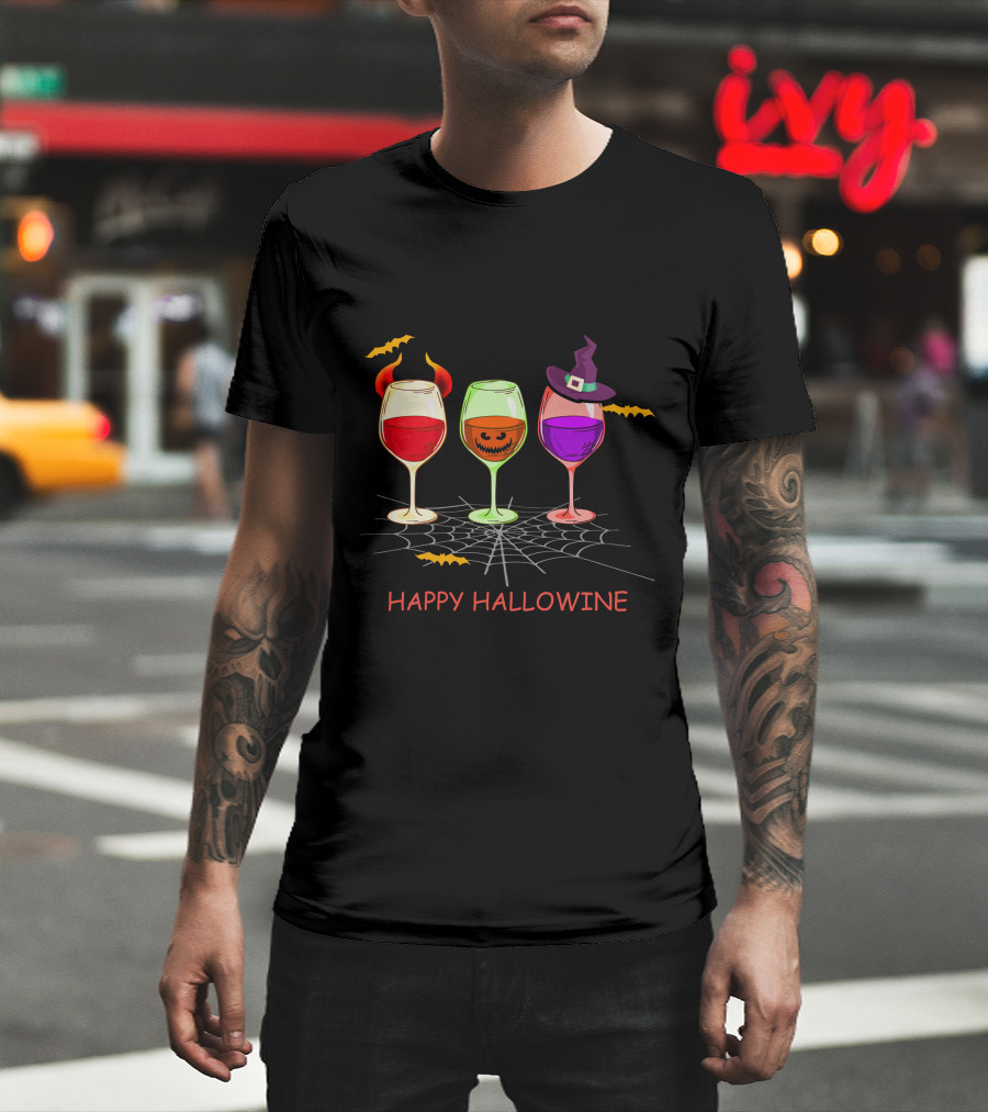 Happy Hallowine Wine Glasses Halloween Witch Hat Jack O'Lantern T-Shirt