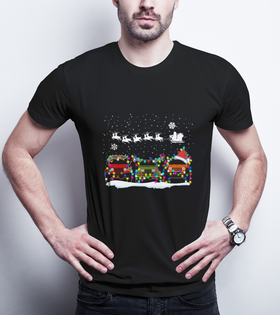 Christmas Jeep Lights With Santa Sleigh And Snowflakes T-Shirt