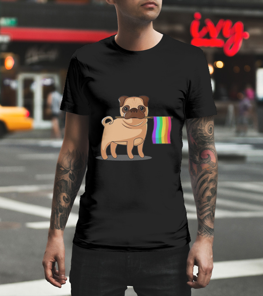 Pug Holding Rainbow Pride Flag T-Shirt