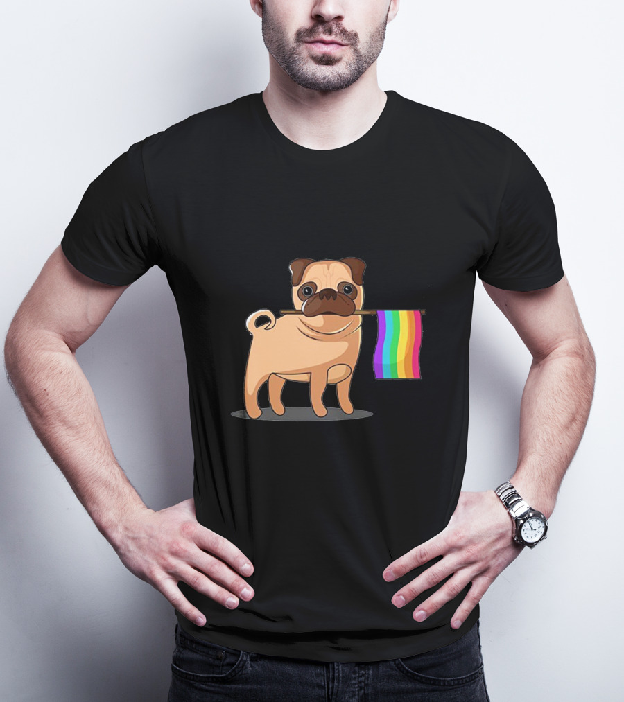 Pug Holding Rainbow Pride Flag T-Shirt