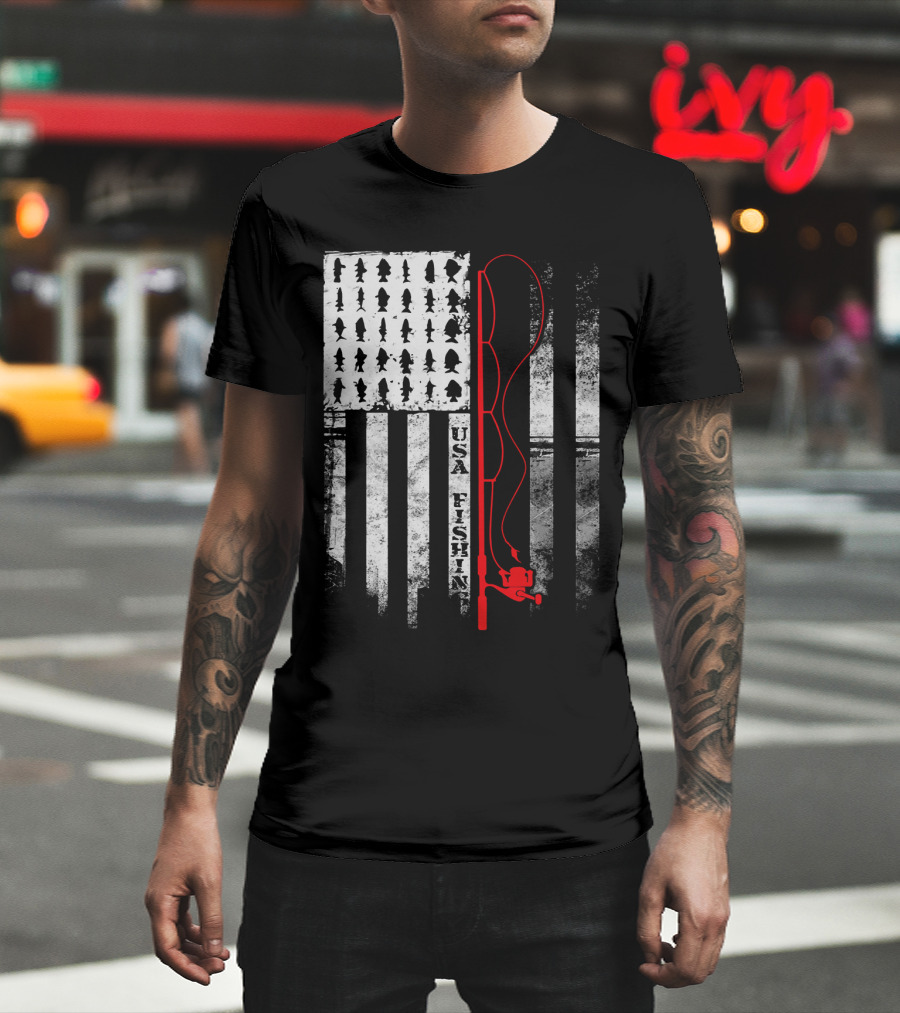 USA Fishing Flag Red Fishing Rod T-Shirt