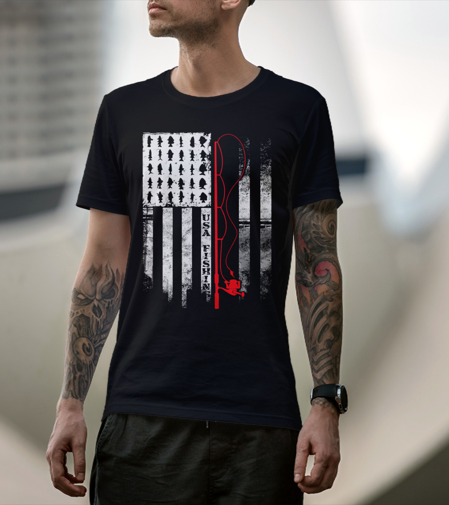 USA Fishing Flag Red Fishing Rod T-Shirt