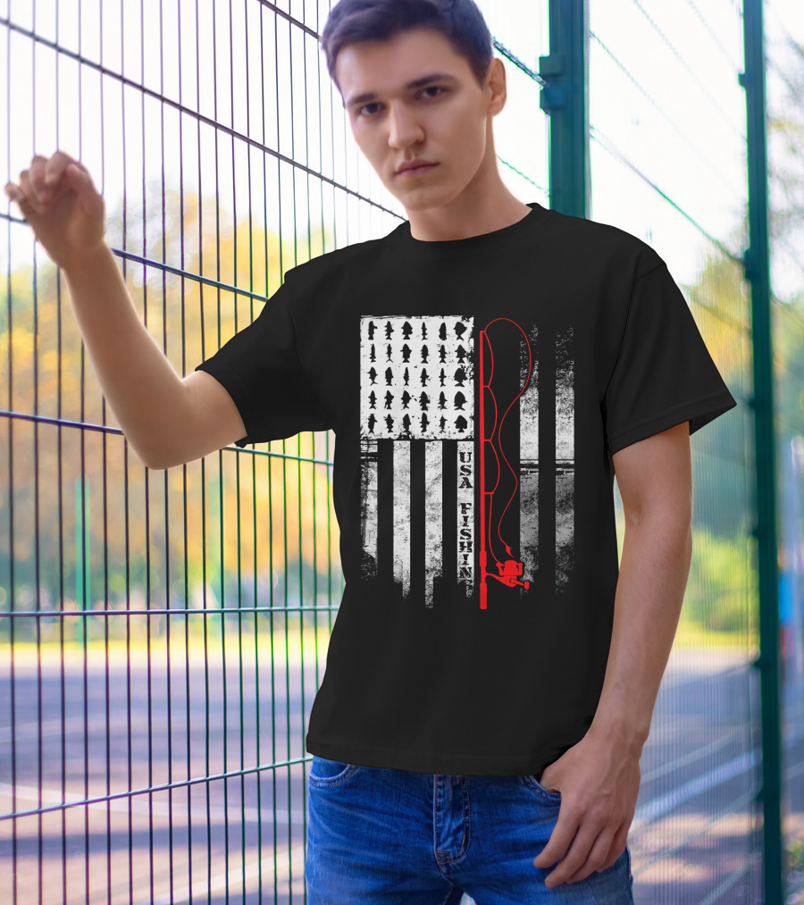 USA Fishing Flag Red Fishing Rod T-Shirt